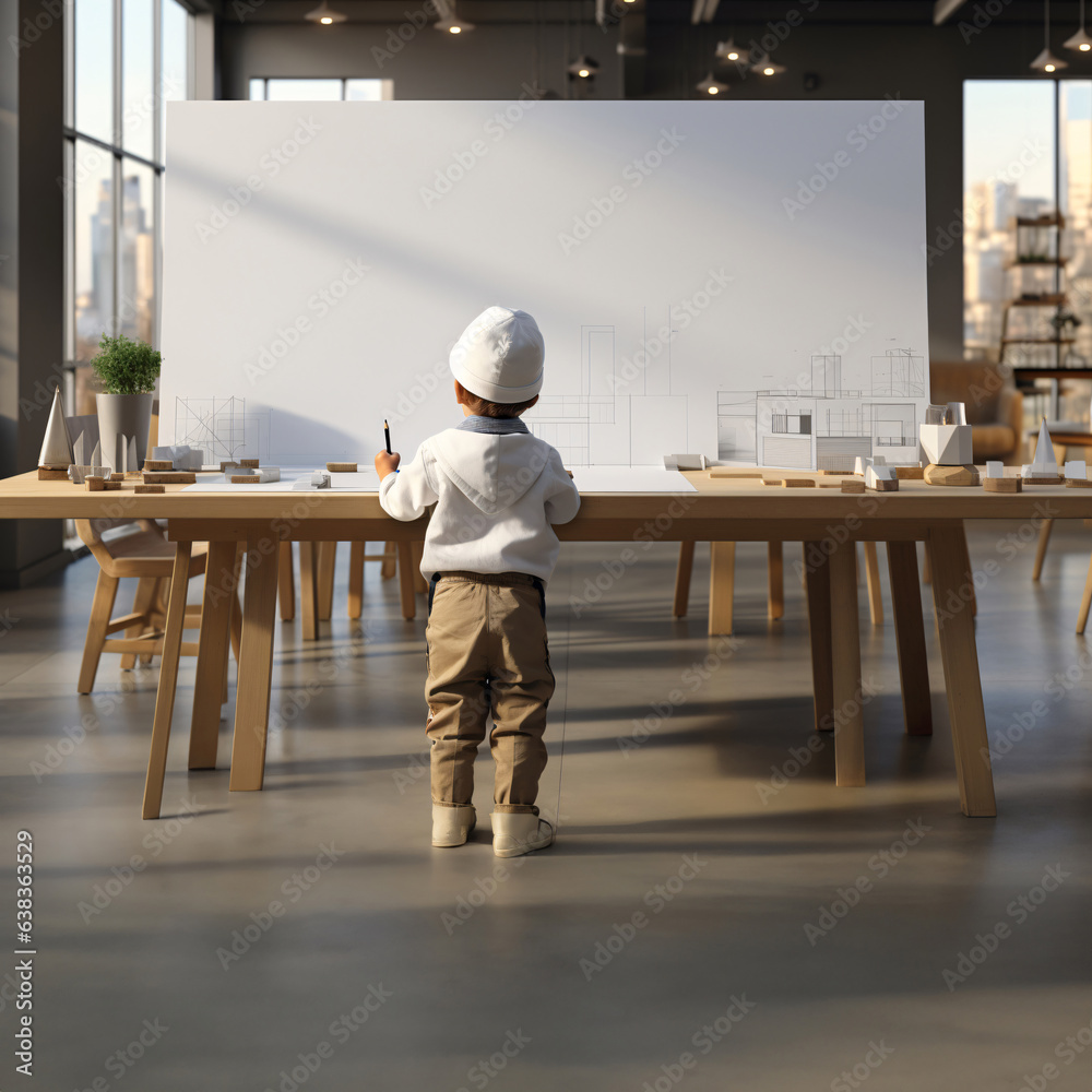 Child architect. Little boy standing in office. Holding building design ...