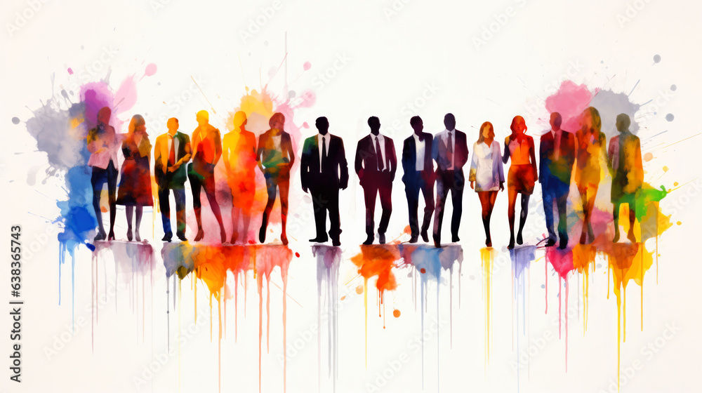 Abstract colorful art watercolor painting depicts a diverse group of ...