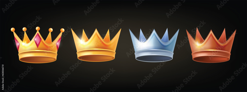 3D crown game badge set, golden silver bronze queen king vector ...