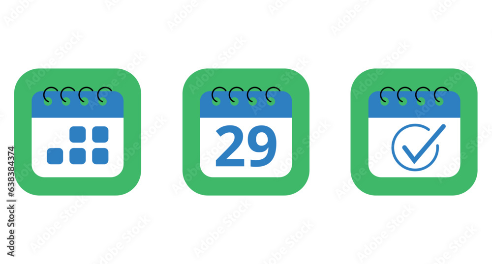 Three specific day calendar vector flat icons in blue color with green ...