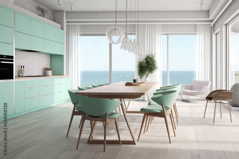 Modern kitchen with a dining table, modern integrated kitchen ...