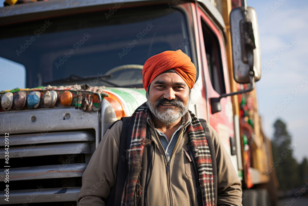 Indian happy hardworking truck driver standing in front of his truck ...