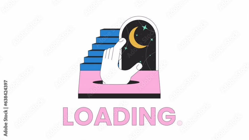 Fantasy surreal night line 2D loading animation. Hand hanging moon in ...