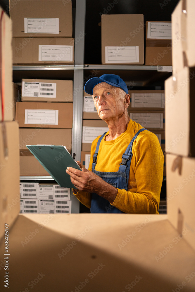 Elderly male inventory manager checks stock, writing notes in the ...