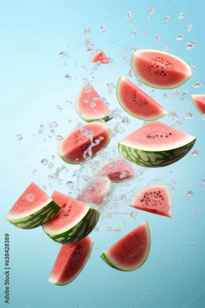 Commercial image of watermelon slices flying in the air on a blue ...
