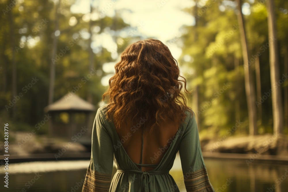 Full-body rear view of a vibrant woman, gazing at her reflection in a ...