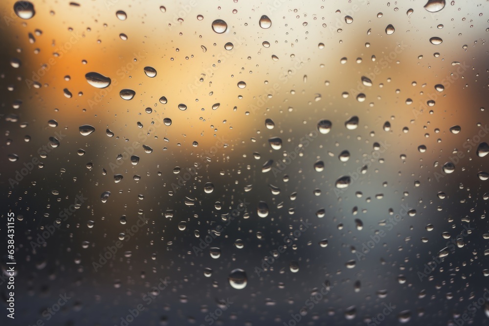 Shiny raindrops splashes falling cascading down wet glossy foggy glass ...