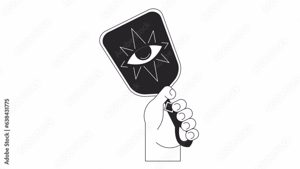 Holding esoteric mirror with magic eye bw outline 2D animation. Fortune ...