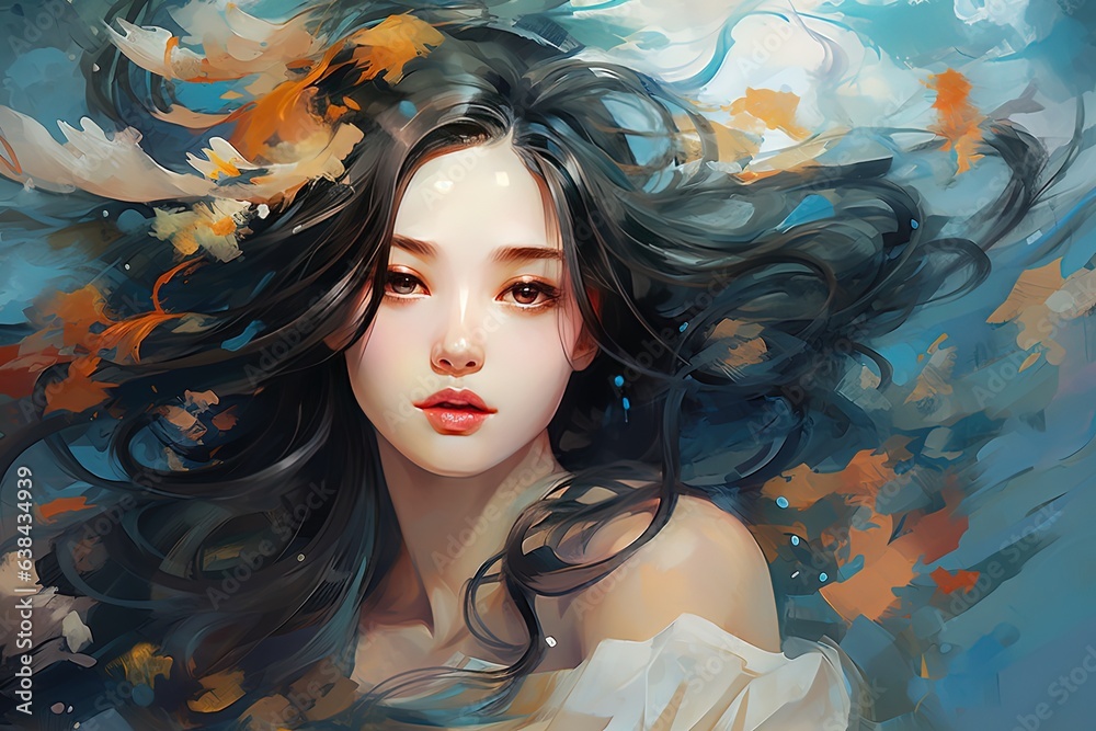 painting style illustration of pretty girl in windy outdoors with hair ...