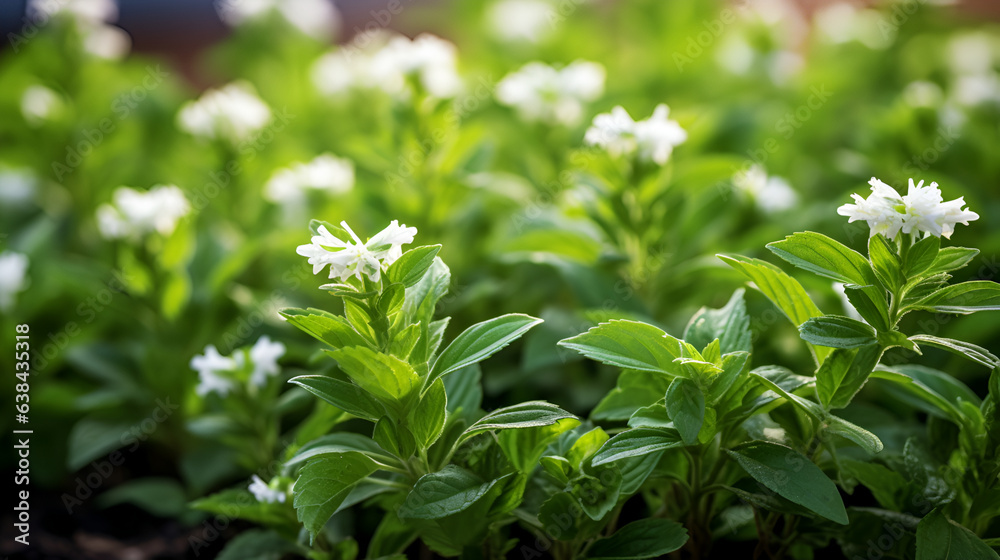 Stevia plant in blossom on a stevia field, close up. Bloom of stevia ...