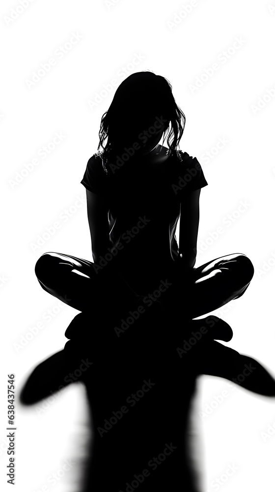 Black and white silhouette of a skinny girl sitting hunched over ...