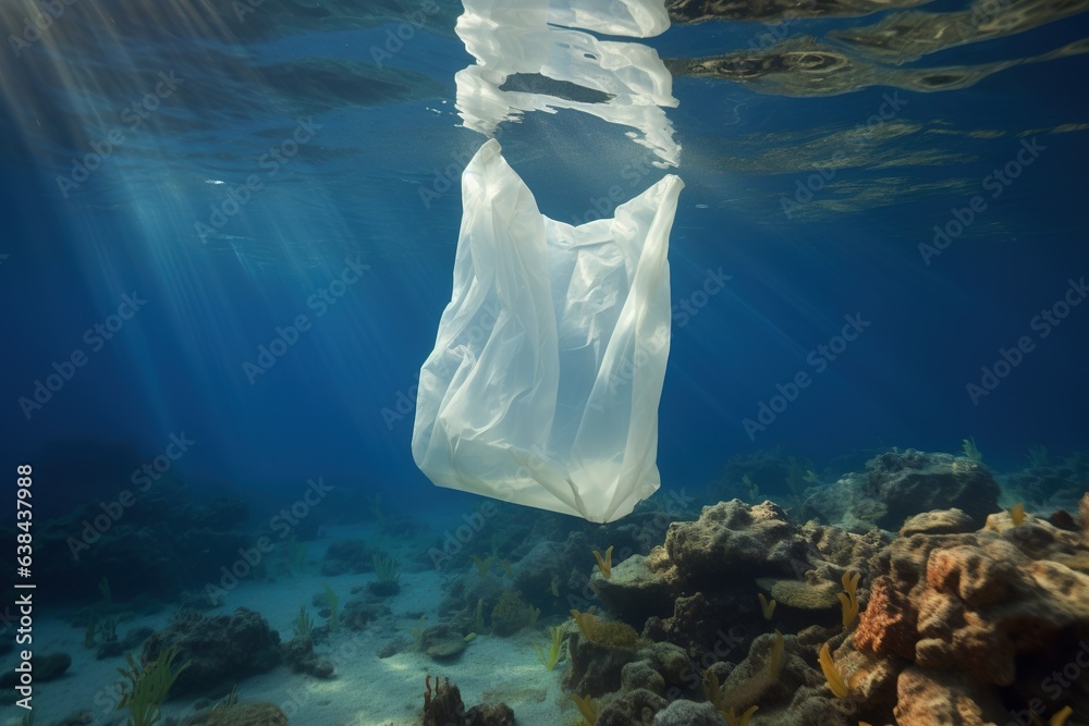 a plastic bag floating underwater in the ocean, plastic pollution theme ...