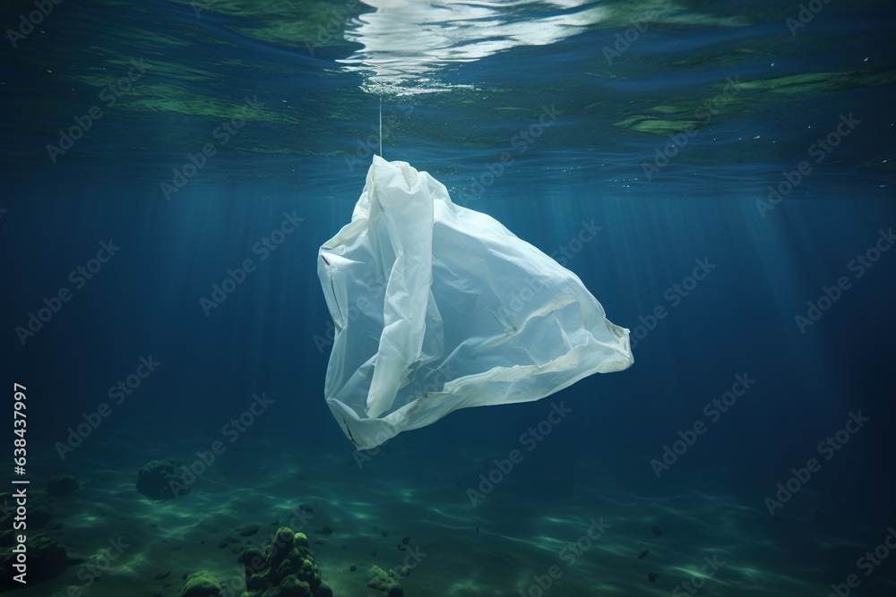 a plastic bag floating underwater in the ocean, plastic pollution theme ...