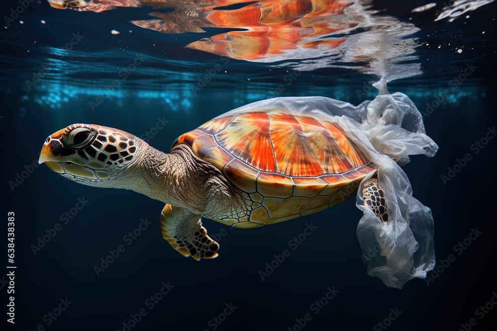 dramatic sea turtle trapped in a plastic bag underwater in the ocean ...