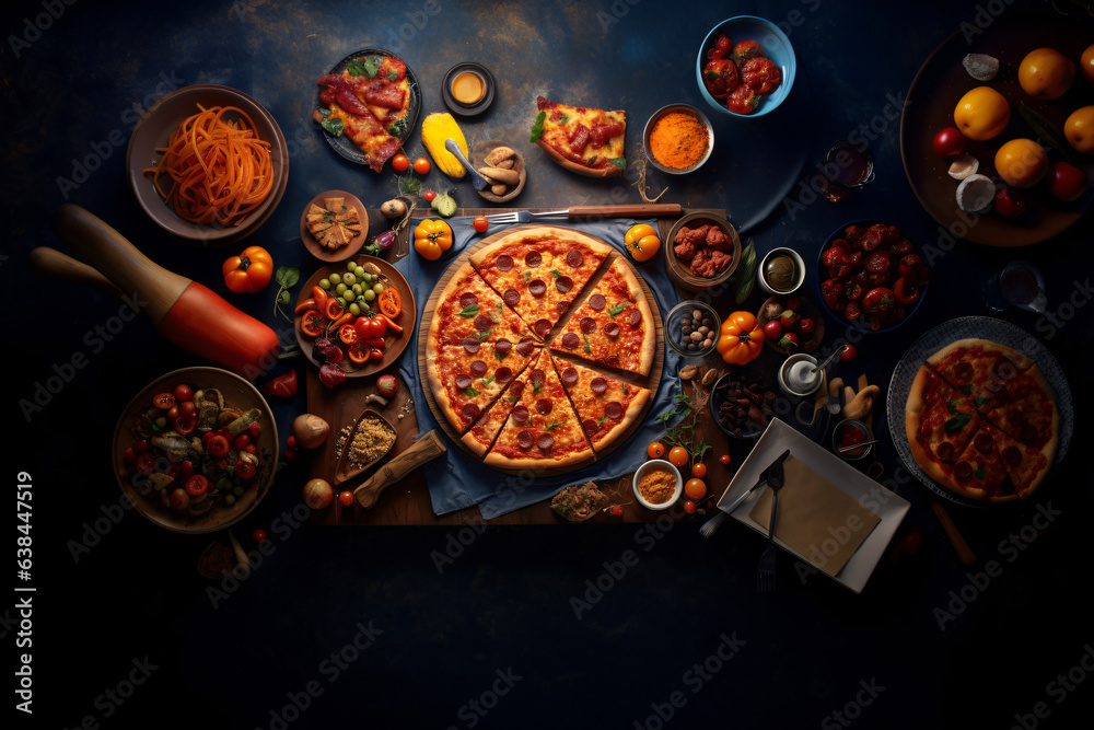 A flat lay photorealistic image of a sliced pepperoni pizza on a table ...
