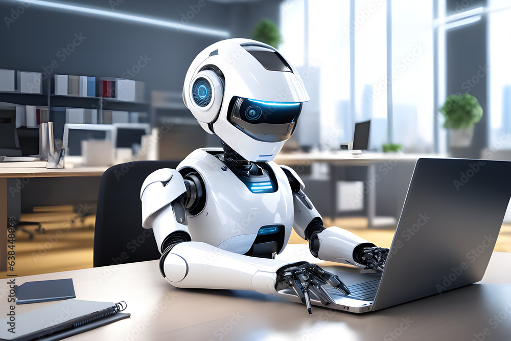 cute white artificial intelligence robot working on laptop in the ...