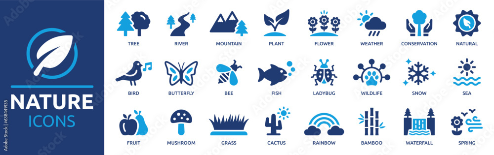 Nature icon set. Containing river, mountain, plant, tree, flower ...