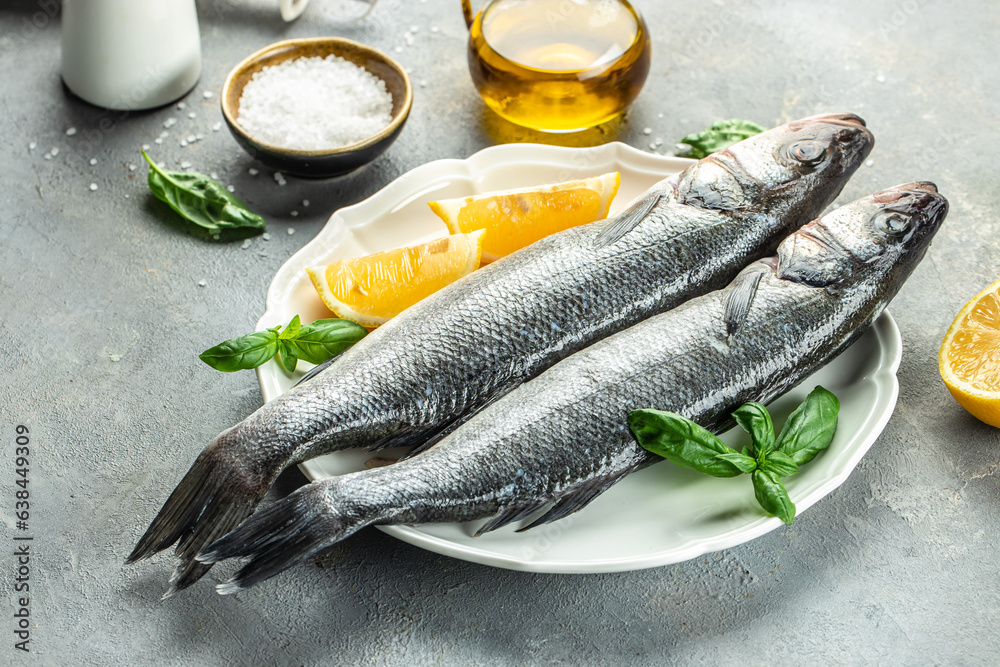 sea bass fish, Culinary seafood background. Restaurant menu, dieting ...