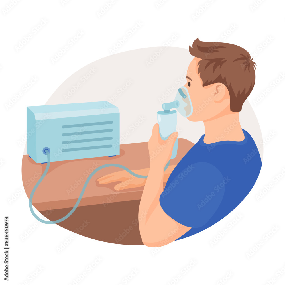 Patient using oxygen mask vector illustration. Man with nebulizer ...