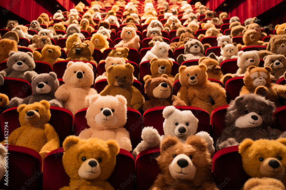 Many teddy bears in red cinema seats , theater audience or movie public concept image Stock ...