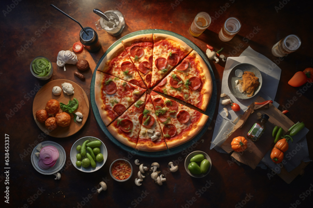 A flat lay photorealistic image of a sliced pepperoni pizza on a table ...