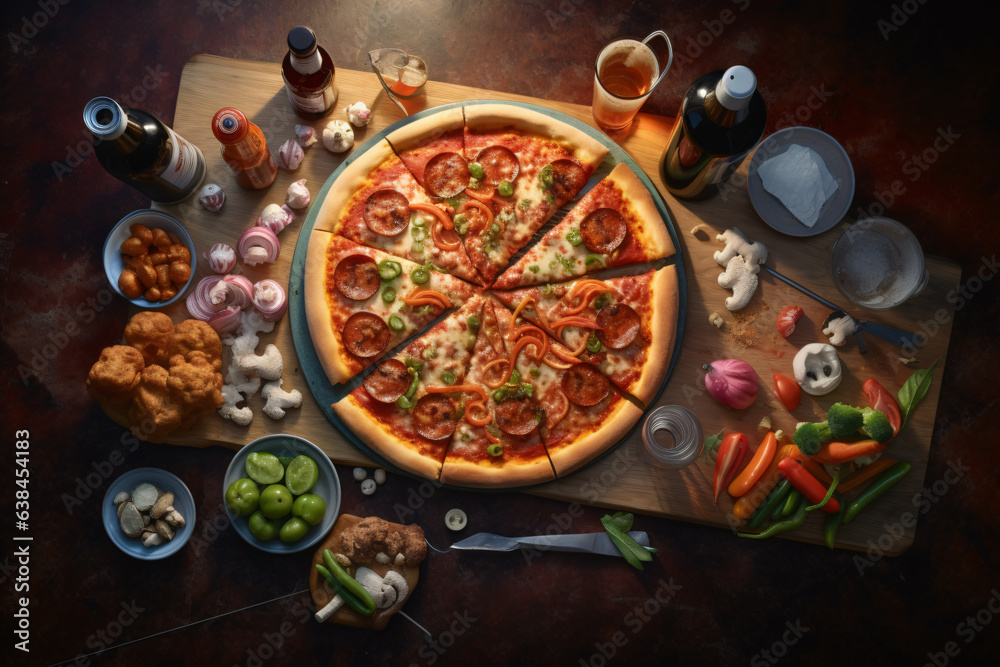 A flat lay photorealistic image of a sliced pepperoni pizza on a table ...