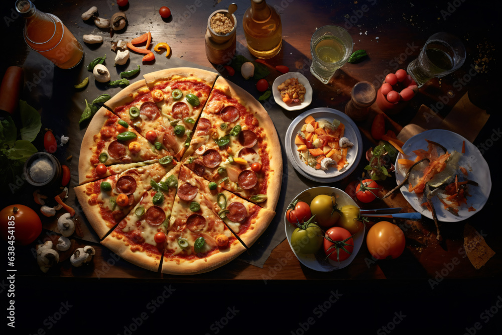 A flat lay photorealistic image of a sliced pepperoni pizza on a table ...