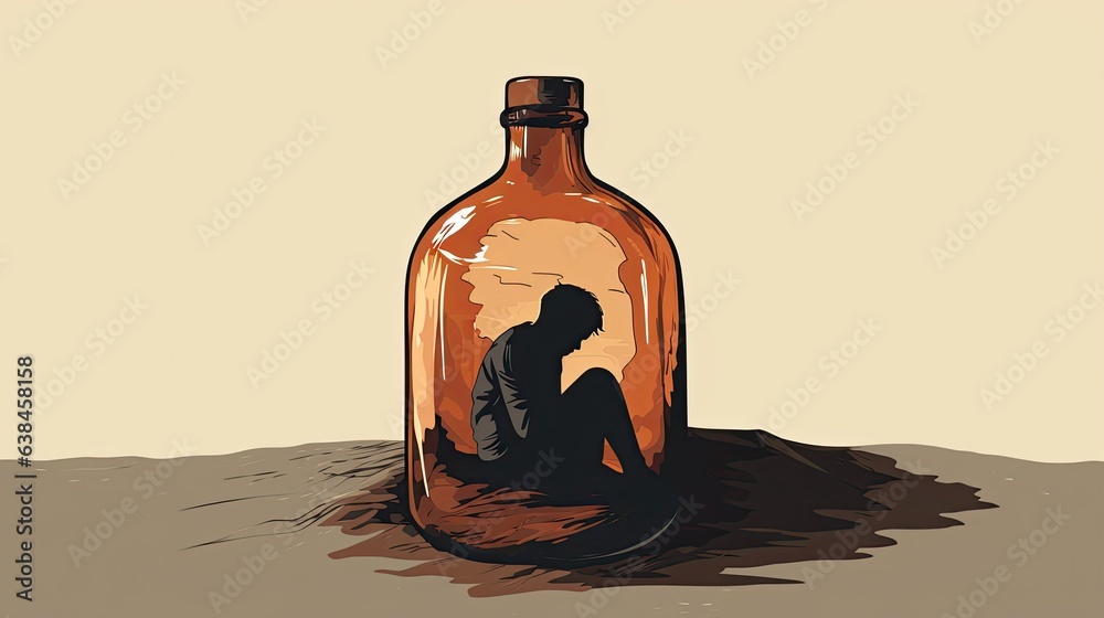 Silhouette of an alcoholic man trapped inside a beer bottle, concept of ...