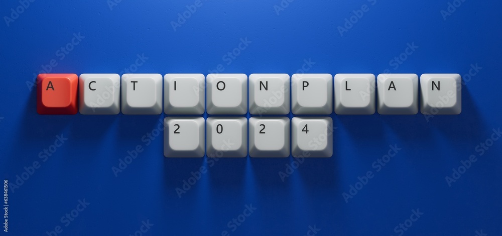 Action plan 2024. Computer keyboard keys spelling.Flat lay view from above on blue background ...