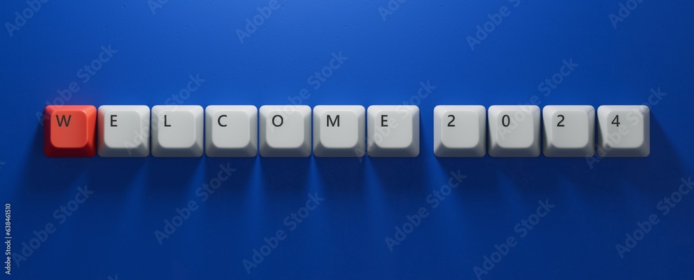 Welcome 2024.Computer keyboard keys spelling.Flat lay view from above on blue background with ...
