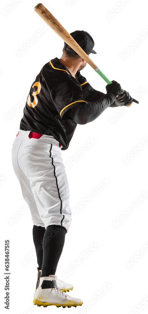 Man, baseball player in uniform, standing in position to hit ball with ...