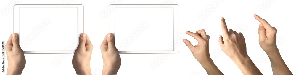 Hand holding of horizontal view digital computer tablet with set of ...