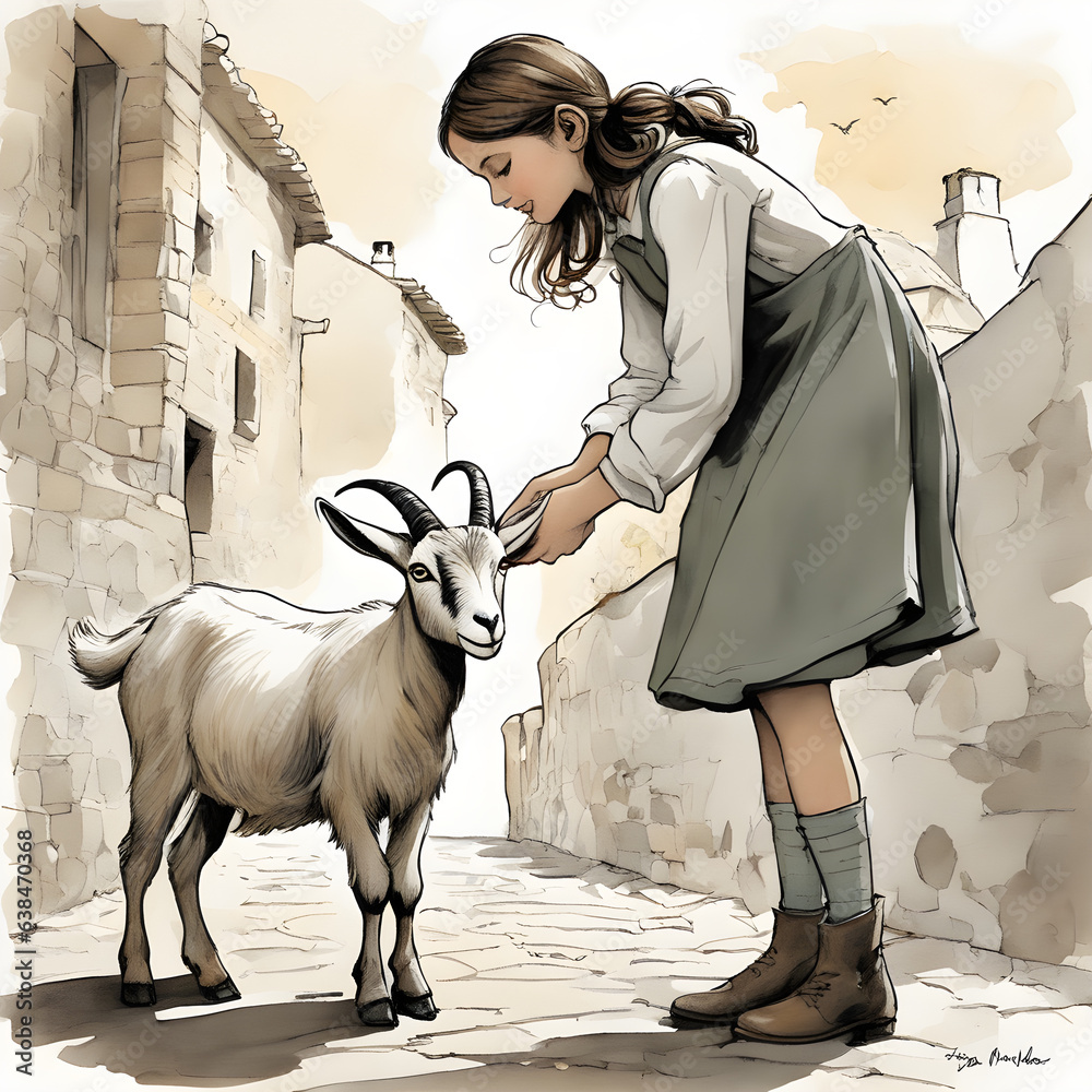 Illustration of a goat, little girl, illustration from a collection of ...