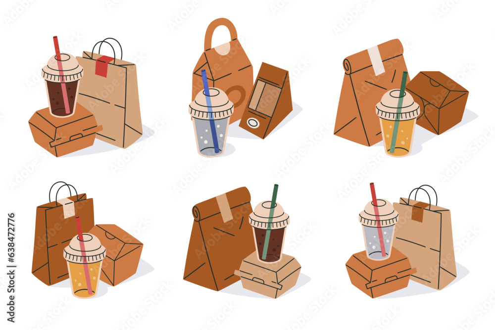 Takeaway food delivery containers. Paper bags, boxes and plastic cup ...