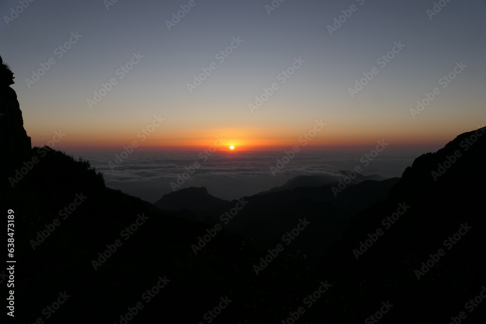 Sunrise on pico Ruivo Madeira. At the start of the pico to pico hike ...