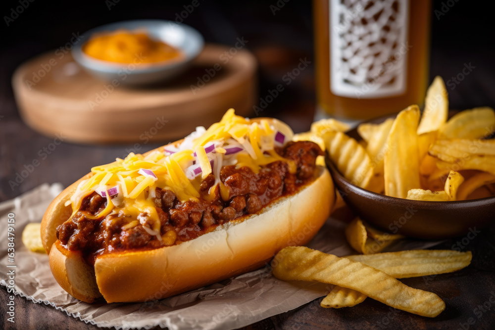 Foto de A close-up of chili con carne chili dogs topped with melted ...