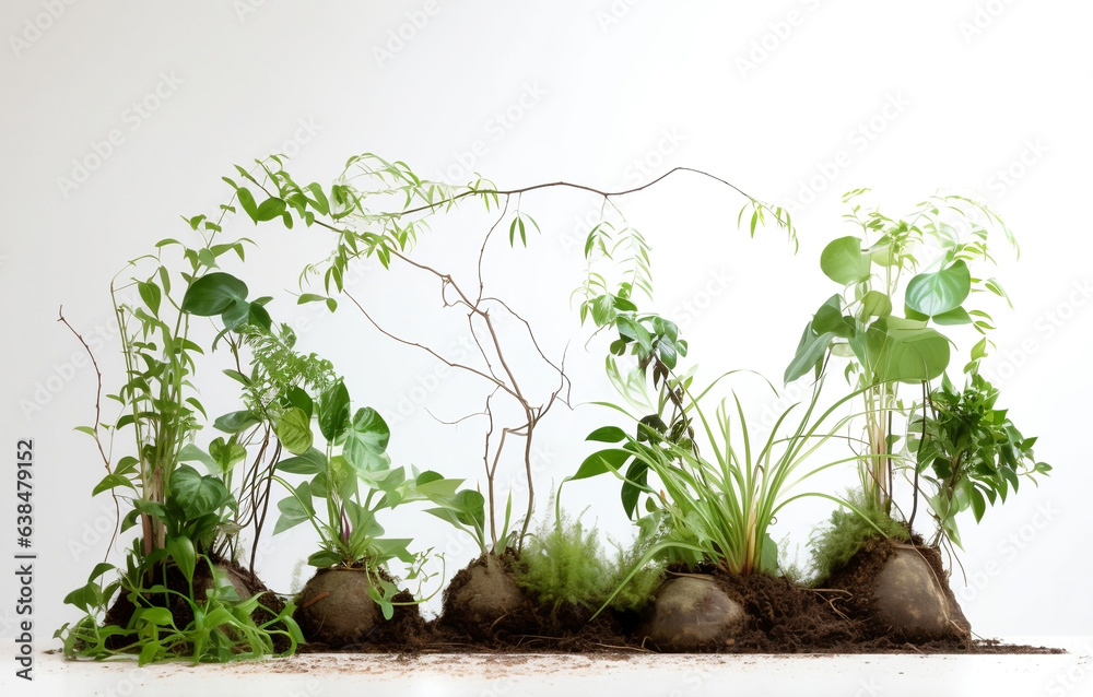 Plants, trees and creepers in a line, edge of a garden in white ...