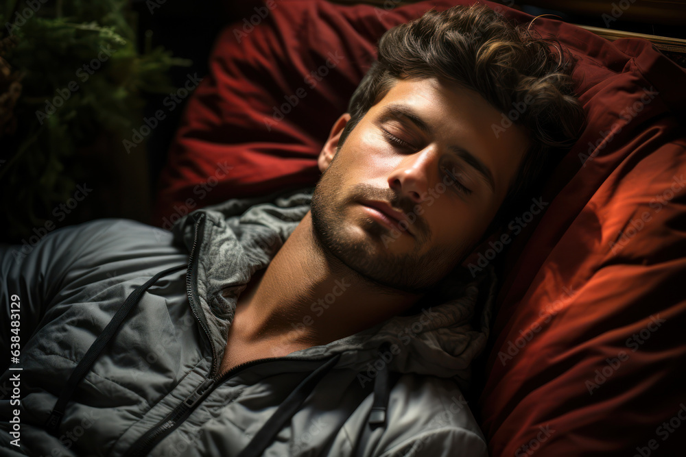 Restorative Sleep. Person sleeping soundly in a comfortable bed ...