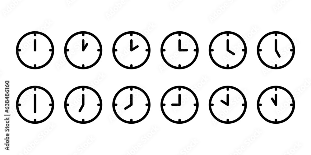 Simple vector clock icons. Every hour clock time line symbol. Stock ...