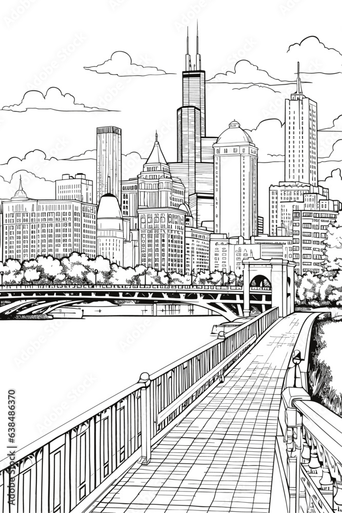USA United States Chicago cityscape black and white coloring page for ...