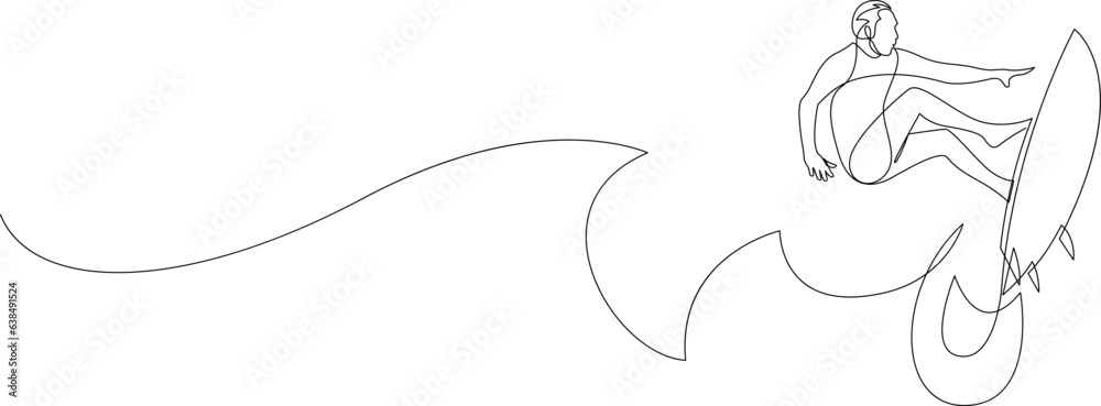 Continuous single line drawing of professional surfer in action riding ...