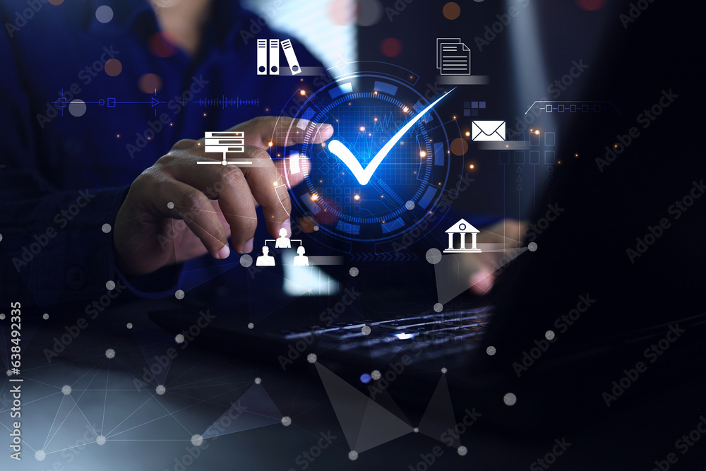 Businessman executive management working in office click on check mark ...