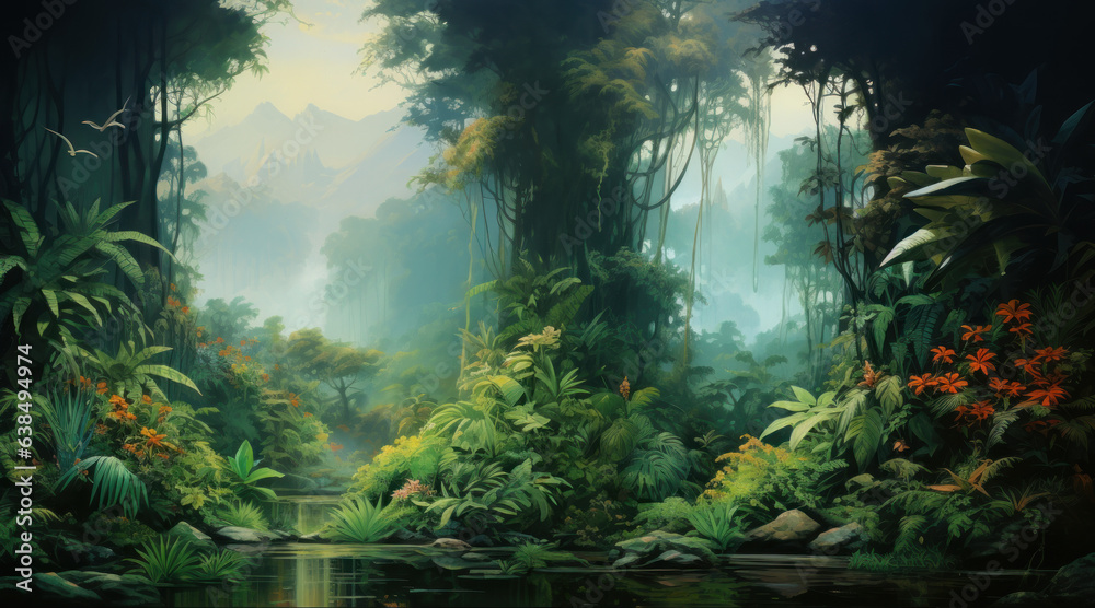 Digital painting of dark tropical rainforest, lots of tropical trees ...
