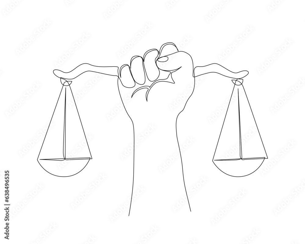 Continuous one line drawing of hand holds judicial scales. Hand holding ...