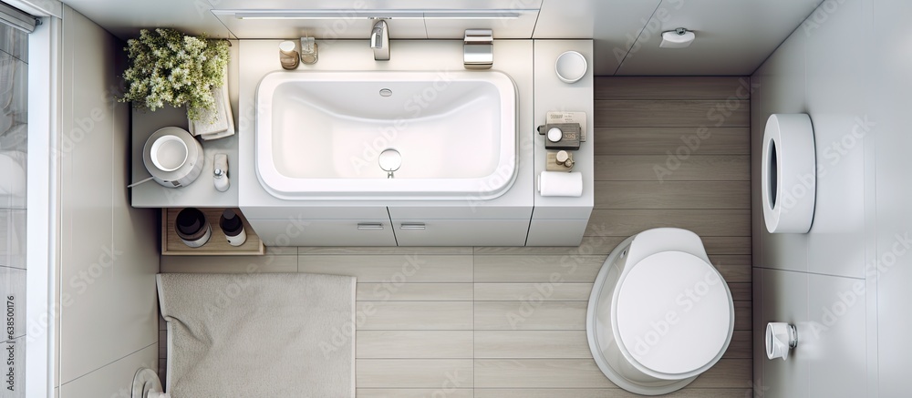 Top view a traditional modern American style toilet interior in a white ...