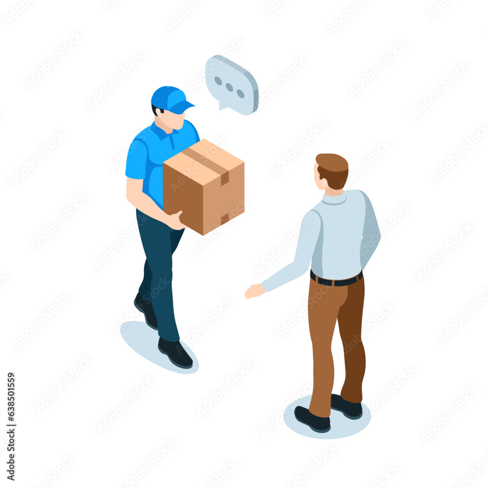 isometric courier with a box and a man waiting for a parcel in color on ...