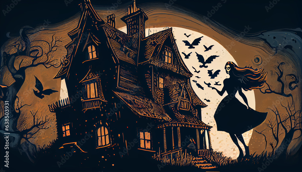 Spooky and whimsical hand-drawn illustration with witch flying over a haunted house surrounded ...