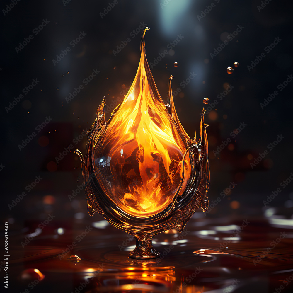 Masterpiece of fire drop falling on flammable product on the ground ...