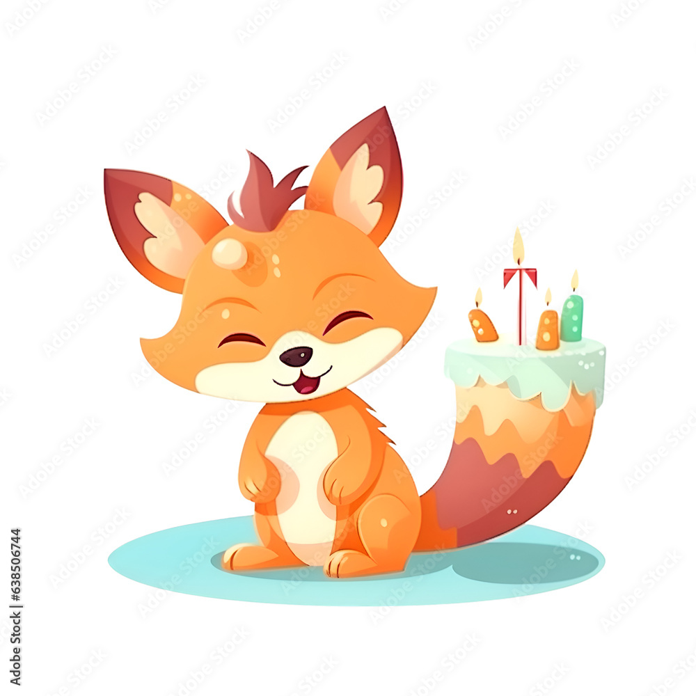 Cute cartoon fox with birthday cake. Vector illustration isolated on ...