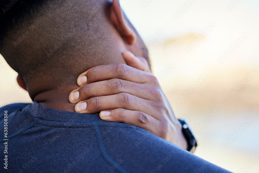 Neck injury, pain and fitness person massage inflammation, muscle ...